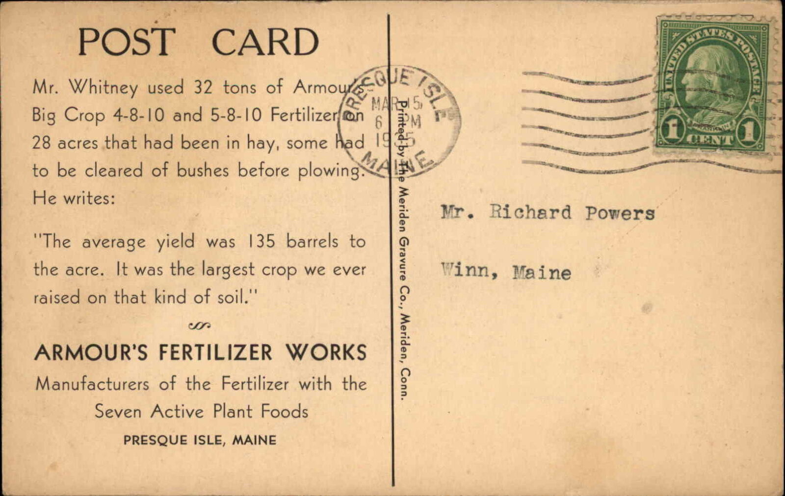 Winn ME 1934 Potato Farming Armour's Fertilizer Postcard | United ...