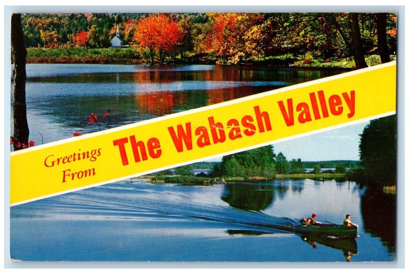 1962 Greetings Wabash Valley Boat River Lake Indiana Color Card Banner ...
