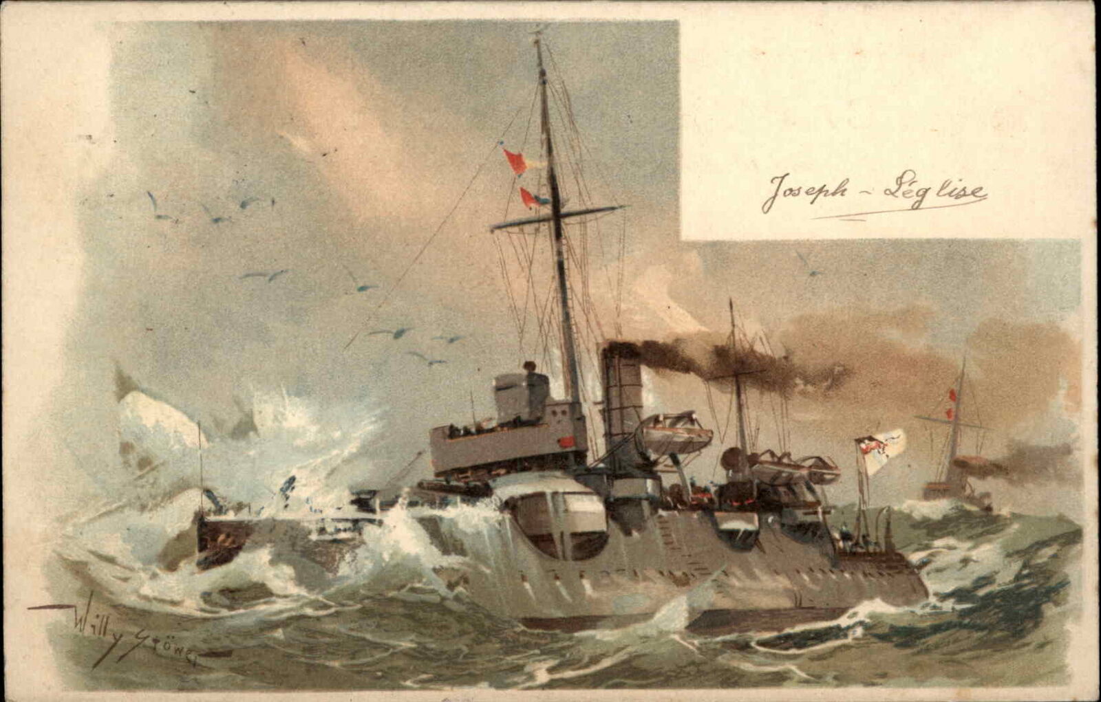 Antique 1902 WILLY STOWER Battleship Military Ship at Sea Postcard ...