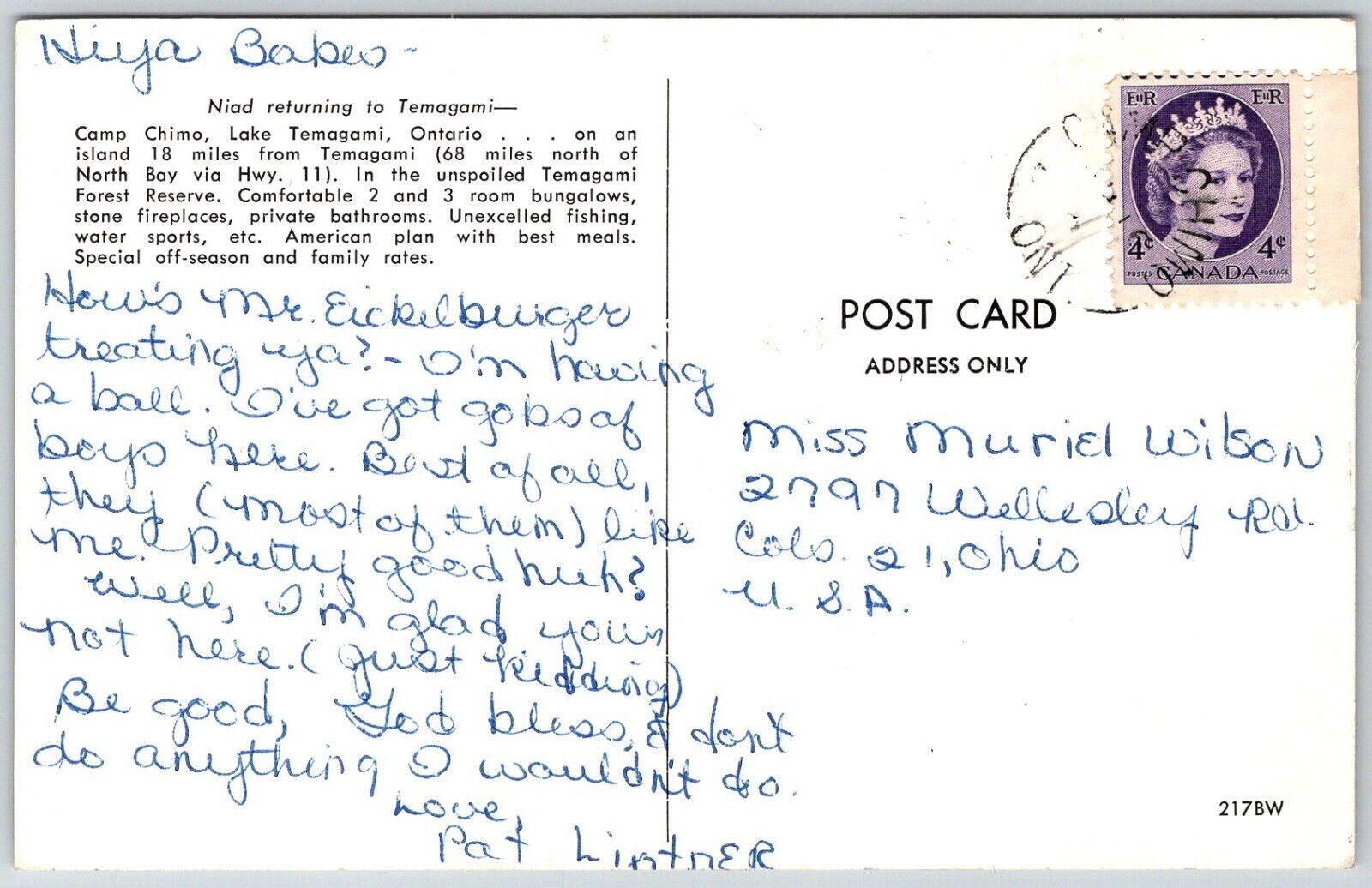 Camp Chimo Lake Temagami Ontario Canada 1960s Postcard Niad Returning ...