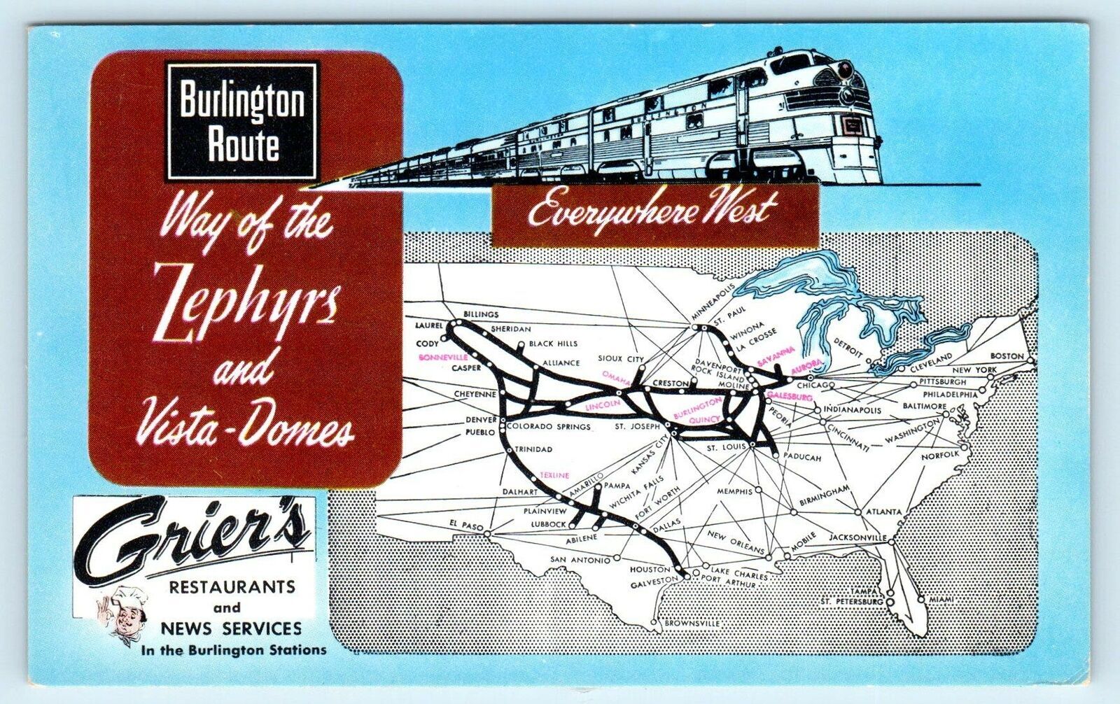 BURLINGTON ROUTE Railroad Postcard c1950s w/ROUTE MAP & TRAIN ...
