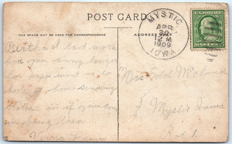 1909 Mystic, IA Rare Post Office Cancel Postcard Postal Cover Preston ...