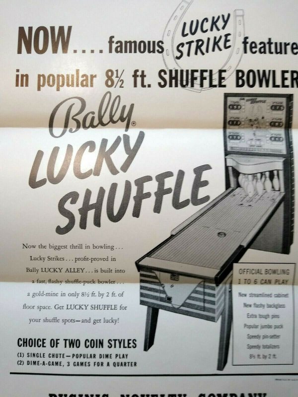 Bally Lucky Shuffle Arcade FLYER Original NOS 1958 Bowling Alley ...