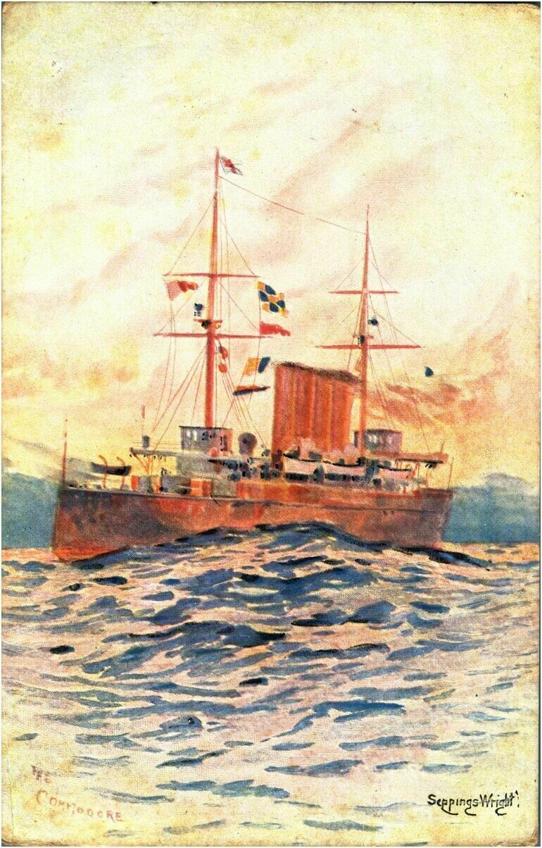 The Commodore Royal Navy warship antique postcard steam ship seascape ...