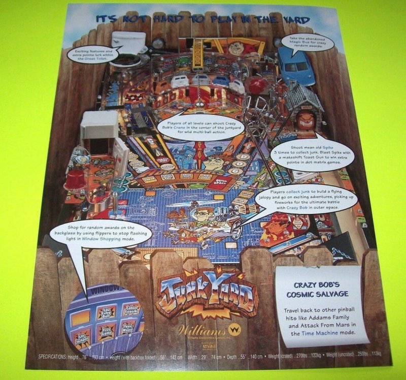 JunkYard Pinball FLYER 1996 Original NOS Artwork Sheet Crazy Bob Spike ...