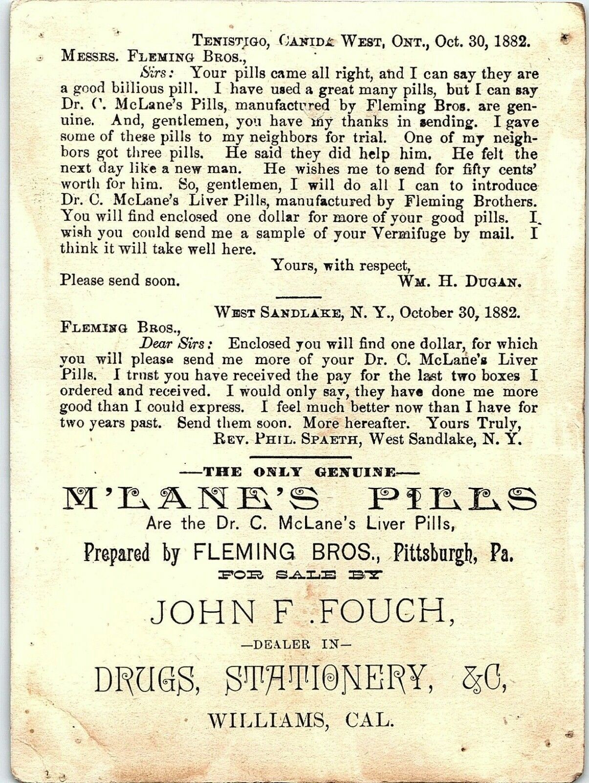 1880's John F. Fouch Williams, CA Quack Dr. M'Lanes Pill Victorian ...