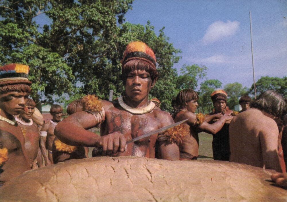 brazil, Xingu Native Indians, Kamaiurá Male making Canoe (1980s ...