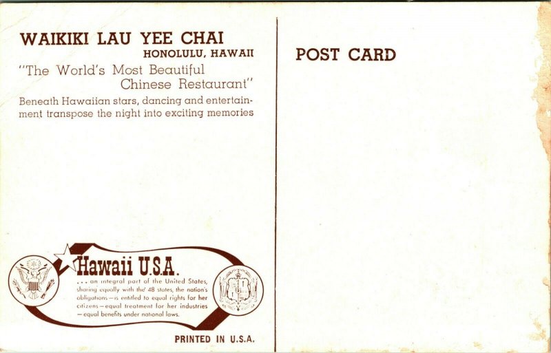 Waikiki Lau Yee Chai Restaurant Honolulu Hawaii Territory UNP Litho ...
