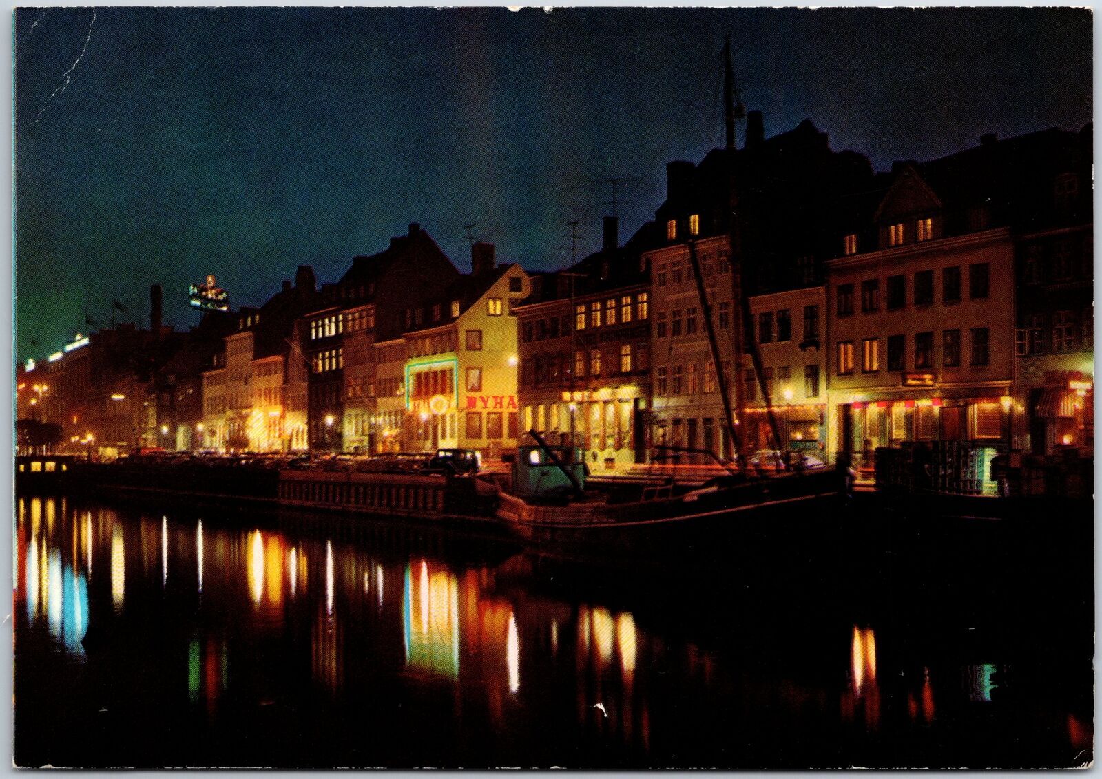 Vintage Continental Sized Postcard Nyhavn Copenhagen Denmark at Night ...