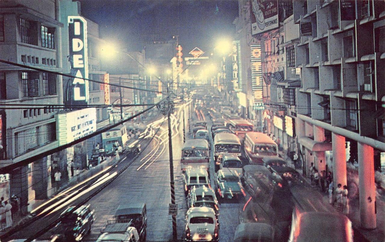 Rizal Avenue Night MANILA Street Scene Neon Philippines c1950s Vintage ...