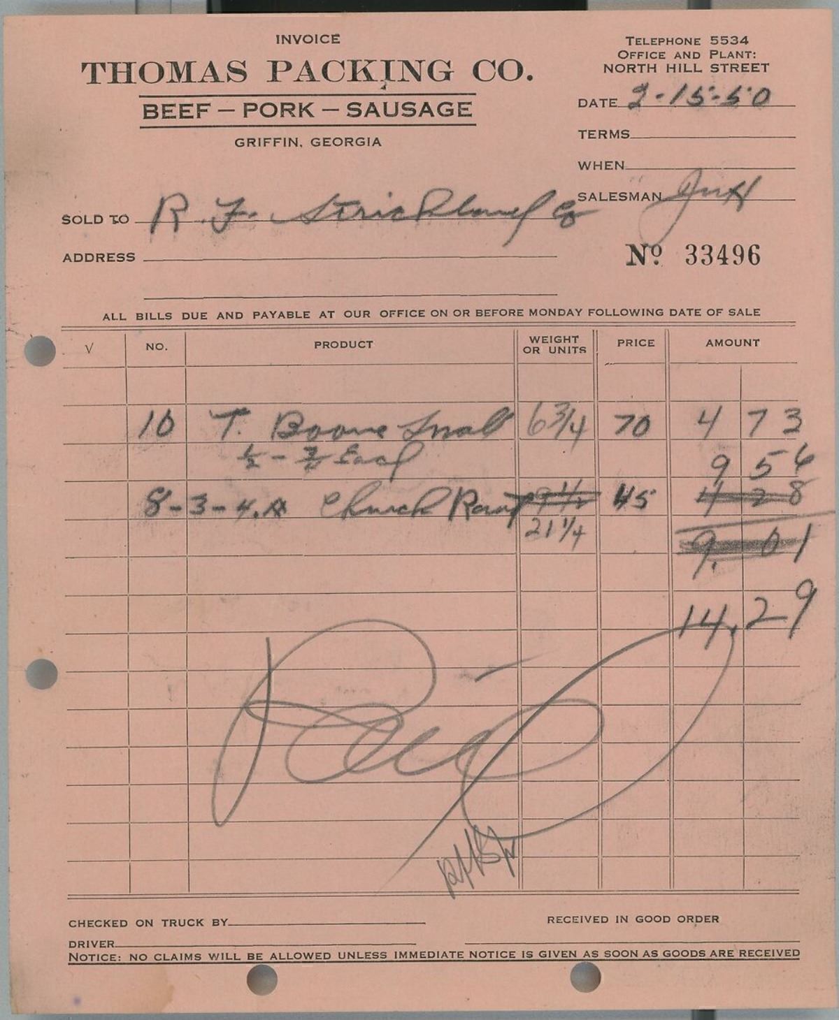 1950 Thomas Packing Co. Griffin GA Beef-Pork-Sausage Invoice for Meat ...