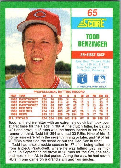 1990 Score Baseball Card Todd Benzinger Cincinnati Reds sk2745 | Topics ...