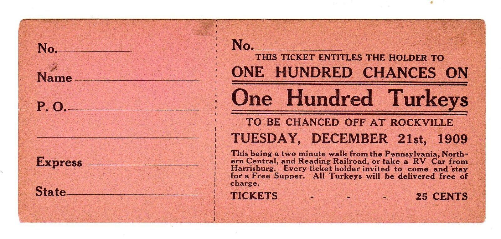 1909 Rockville Pa*100 Chances Turkeys Raffle Ticket Unused*Walk From ...