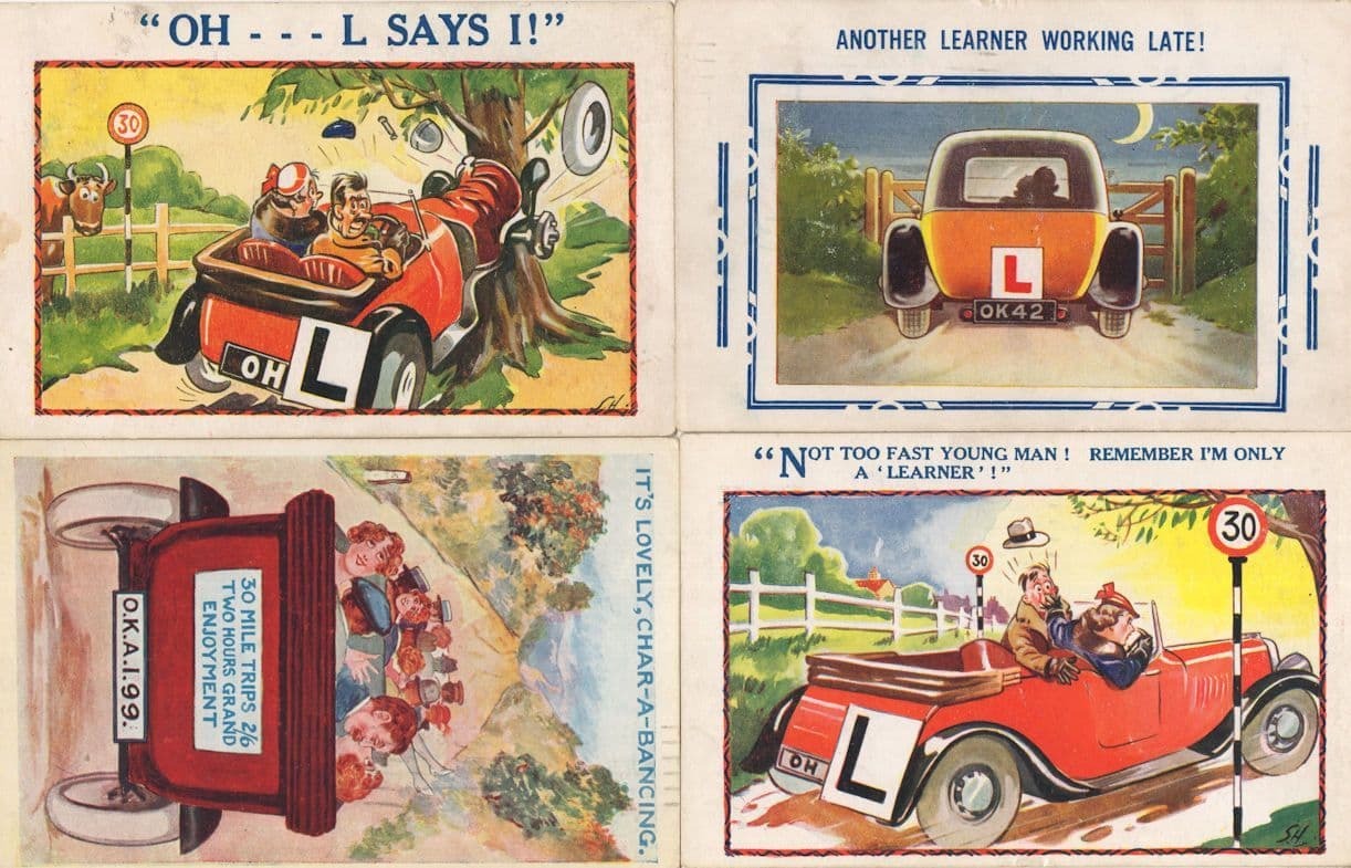 Learner Driver 4x Disaster L Plate Car Driving Old 1930s Comic Postcard ...