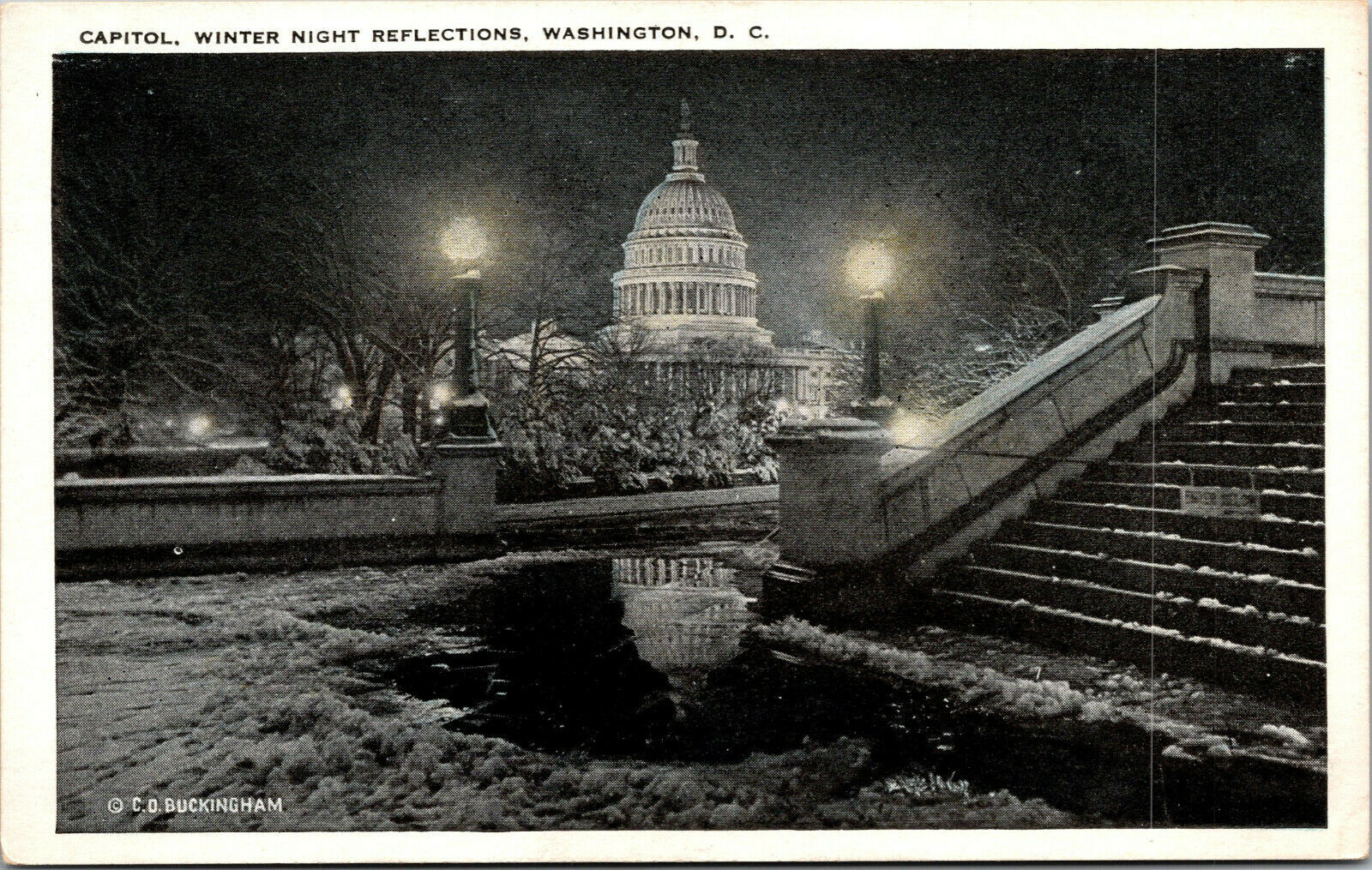 Vtg 1920s Capitol Winter Scene Night View Reflection Washington DC ...