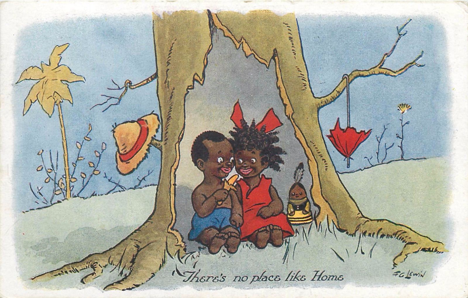 F. G.Lewin signed Black Americana Children Couple Humour Comic Tree ...
