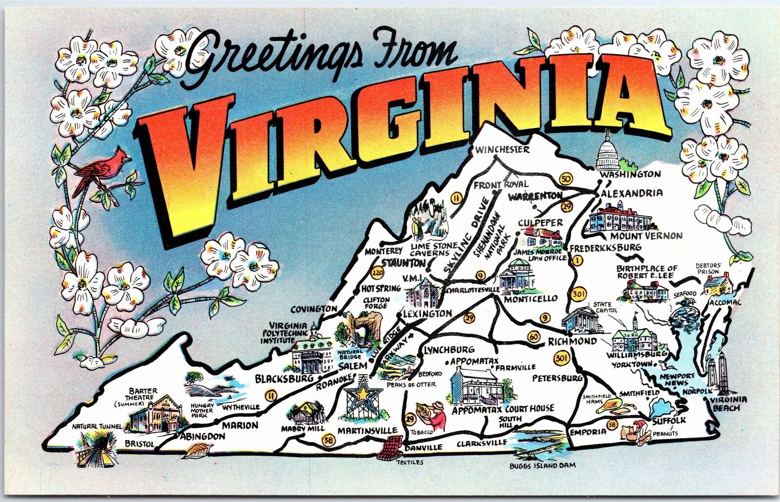 Vintage Postcard Animated Pictorial MAP of the State of Virginia ...