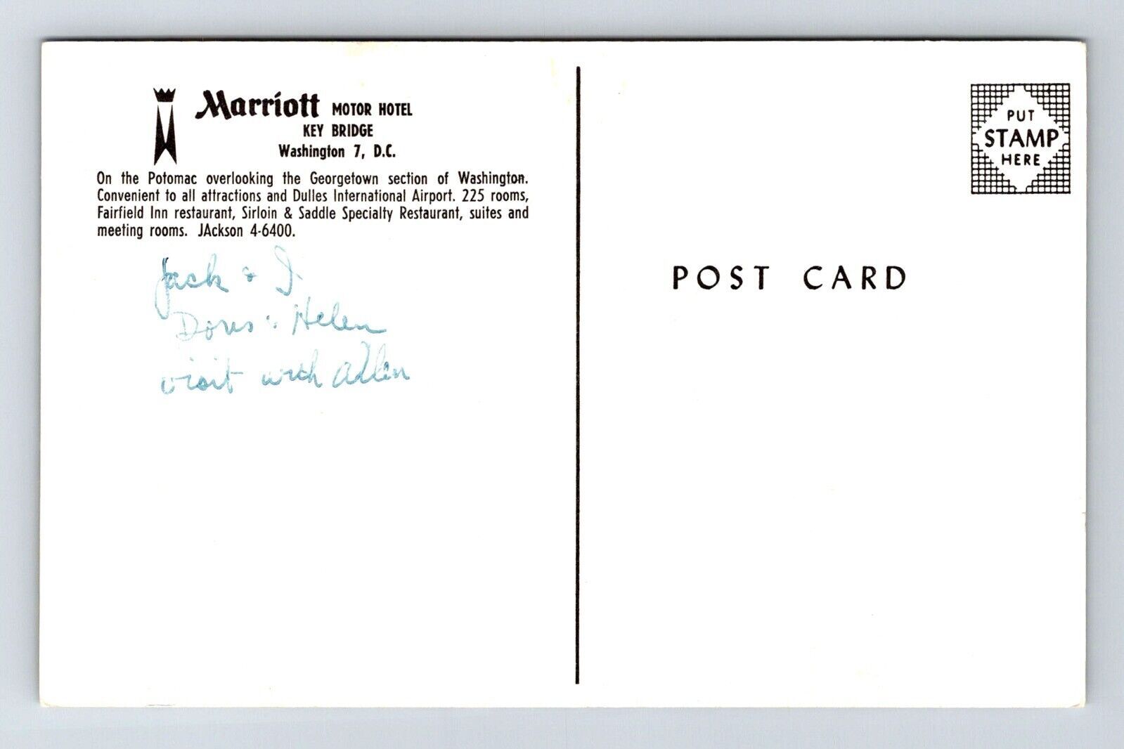 Washington DC Marriott Motor Hotel Key Bridge Aerial View Chrome ...