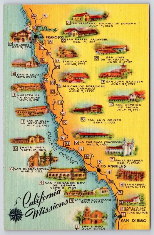 Map Of California Missions Tourist Map And Guide Postcard | United ...