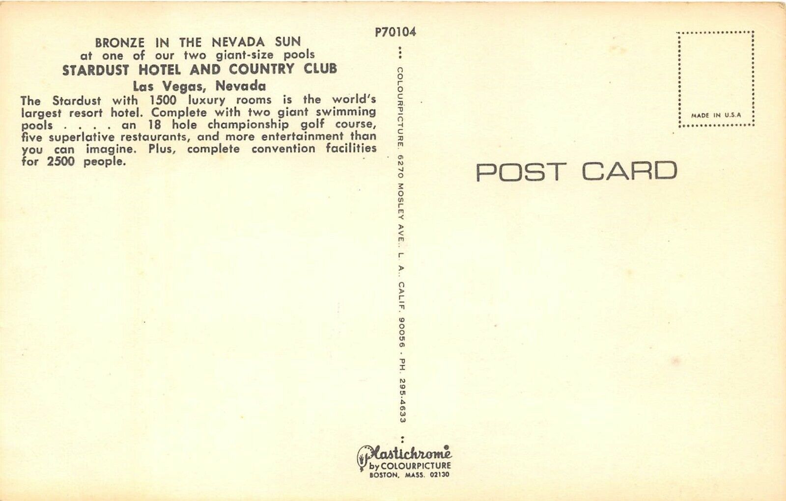 Las Vegas Nevada 1960s Postcard Stardust Hotel and Country Club ...