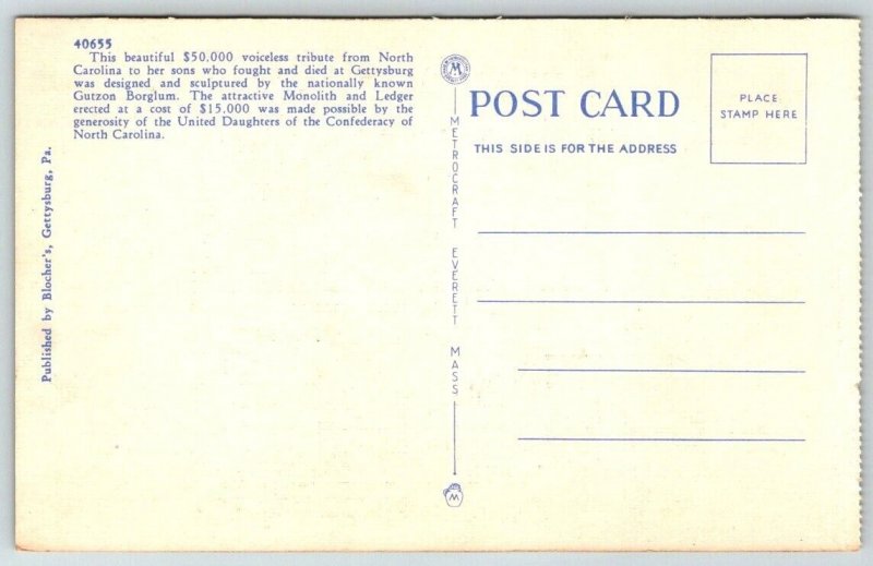 Civil War Gettysburg Pennsylvania North Carolina's Tribute Postcard ...