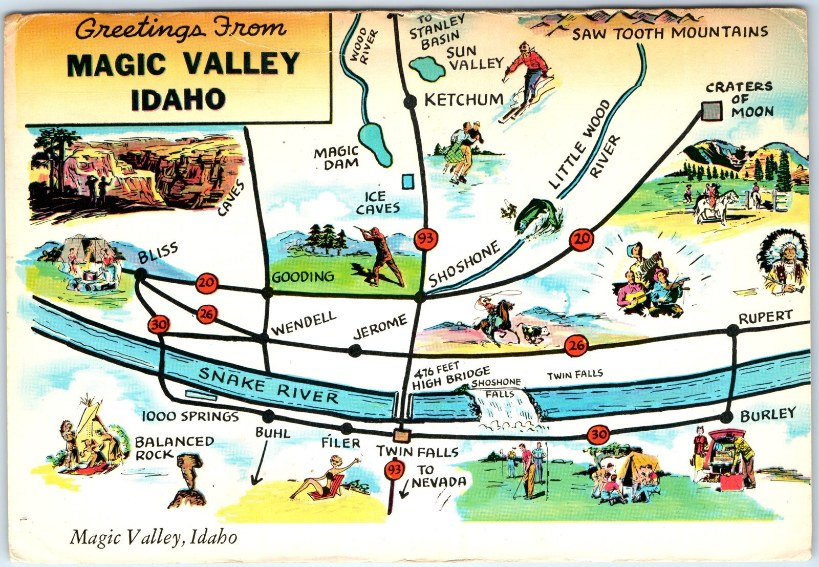 c1970s Magic Valley, ID Greetings Map Snake River Twin Falls Jerome ...