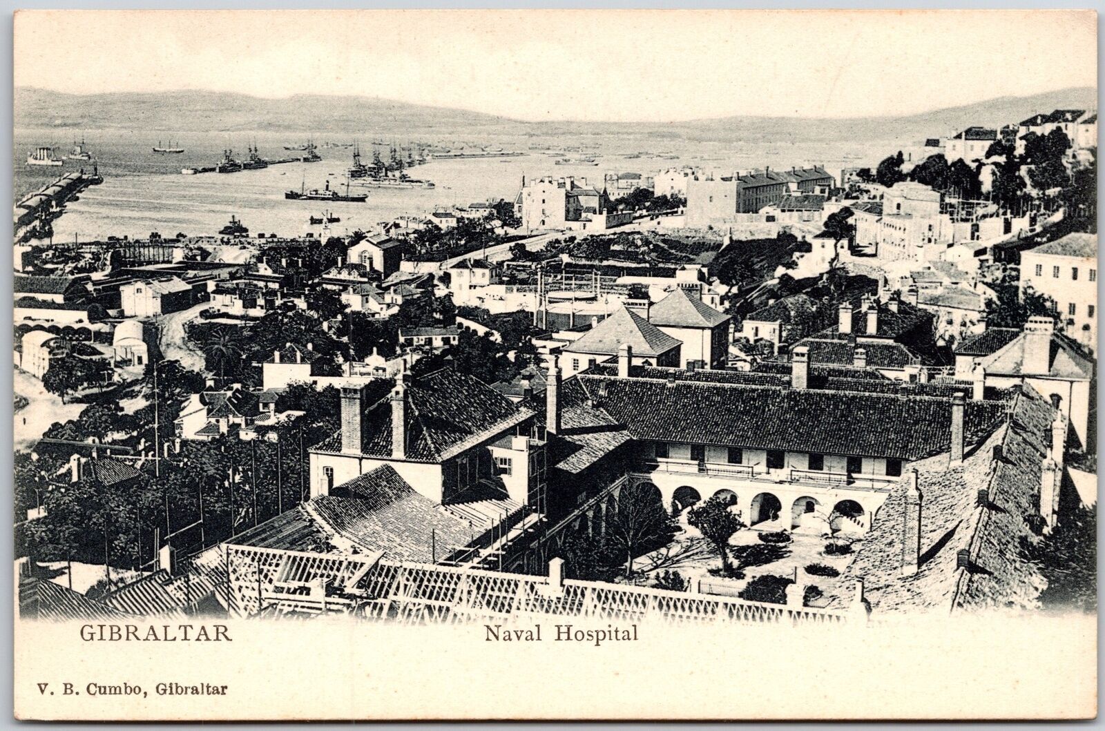 Gibraltar Naval Hospital Bird's Eye View Boats In The Distance Antique ...