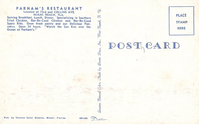 Vintage Postcard Parham's Restaurant Braskfast Lunch Dinner Miami Beach ...