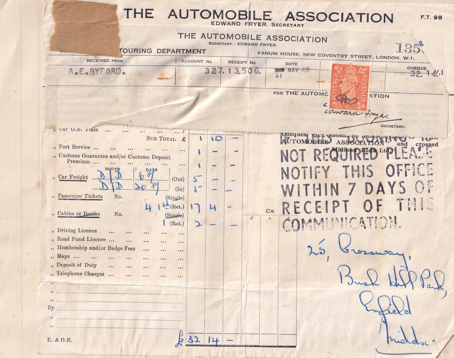 Automobile Association 1948 Receipt Ticket Travel AA Ephemera | Topics ...