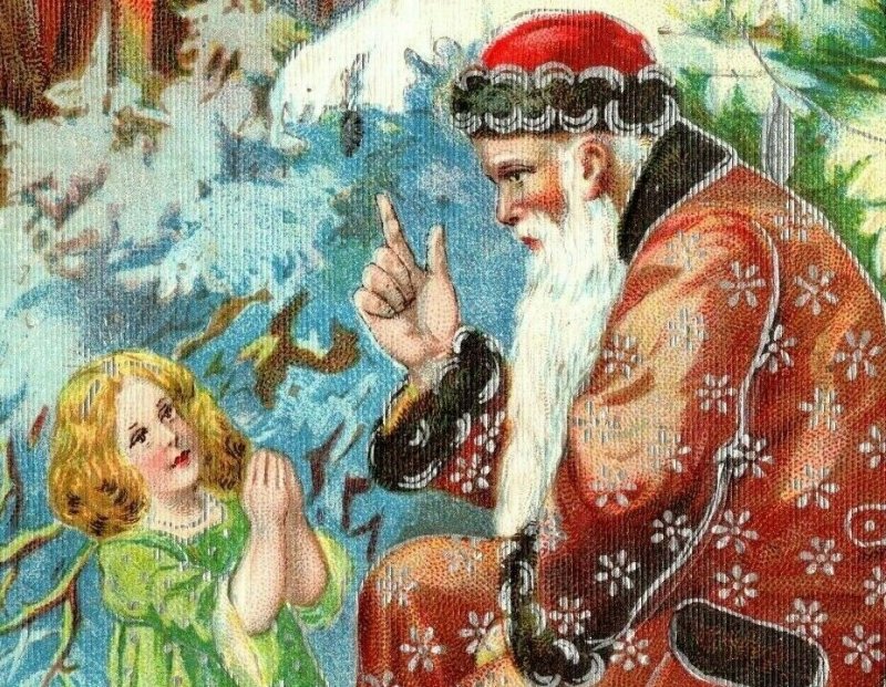 Santa Long Brown Coat Snow Flakes Praying Child With Angelic Aura - A16 ...