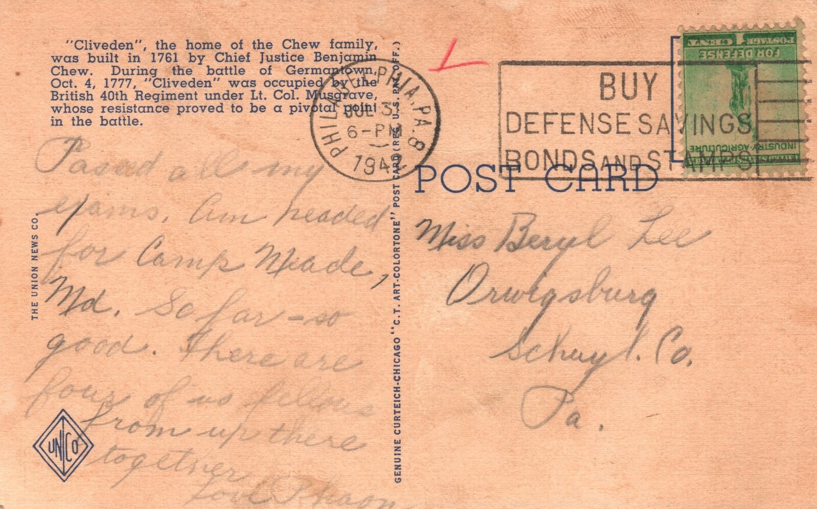 Vintage Postcard 1942 Cliveden Scene of Battle Germantown Philadelphia ...