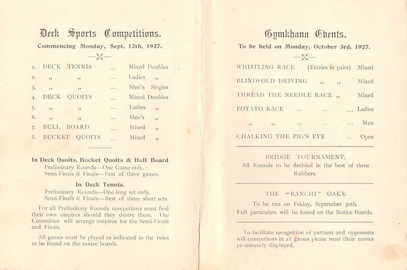 P&O Cruise Ship Yacht Ranchi Bridge Tennis Tournament 1927 Programme ...