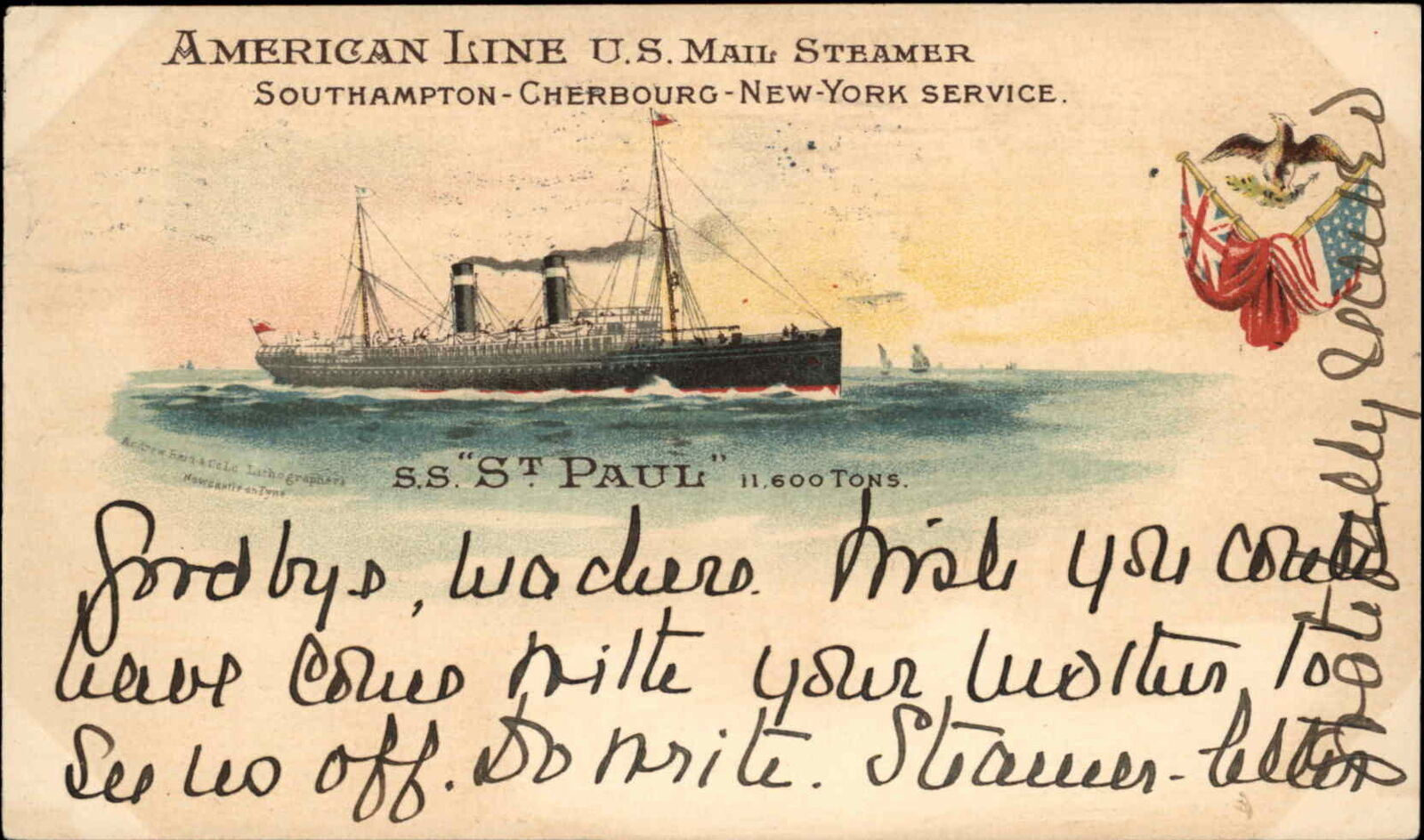 Antique 1906 PC American Line U.S. Mail Steamer S.S. St Paul STEAMER ...