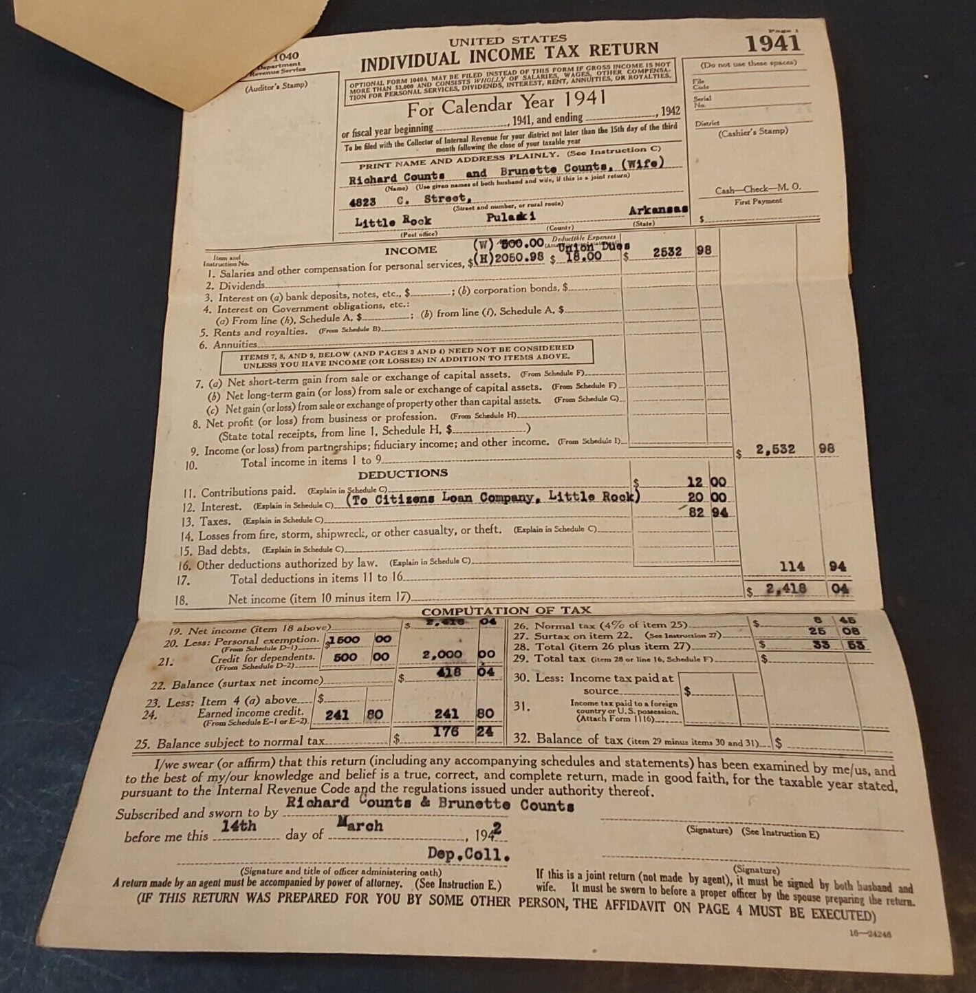 IRS Form 1040 US Individual Income Tax Return Form 1941 Richard Counts ...