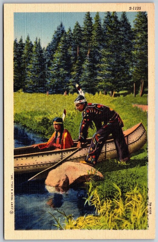 Vtg Native American Indian Brave & Squaw Take Canoe 1940s Linen View ...