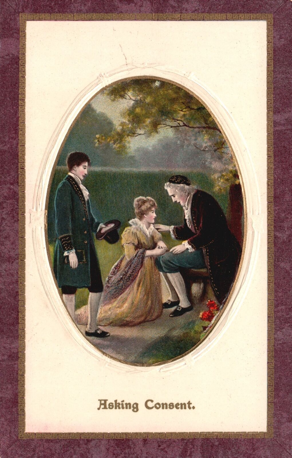 Vintage Postcard 1910's Asking Consent Man and Woman with Her Father ...