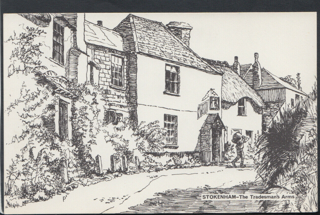 Devon Postcard - Pencil Drawing of Stokenham - The Tradesman's Arms ...