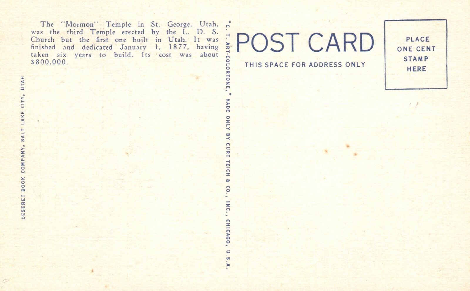 Vintage Postcard Mormon Temple Third By L. D. S. Church St. George Utah ...