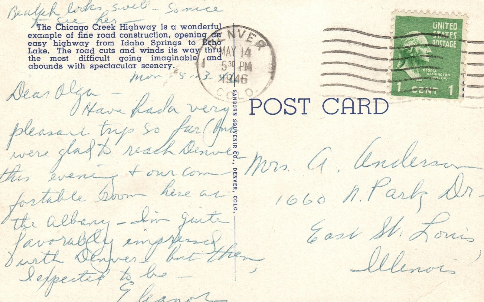 Vintage Postcard 1946 Glimpse Of Snow Caps Big Rock Cut Chicago Creek