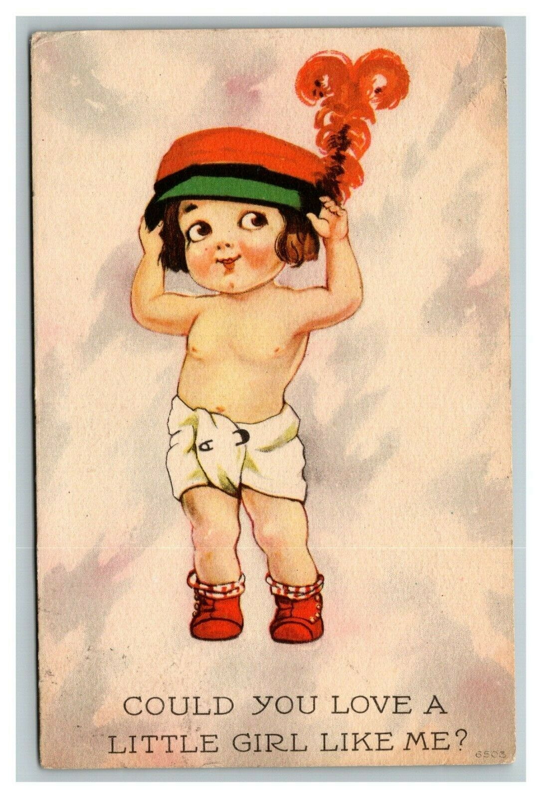 Vintage 1925 Comic Postcard Cute Baby Girl in Diaper with Red Flowered ...