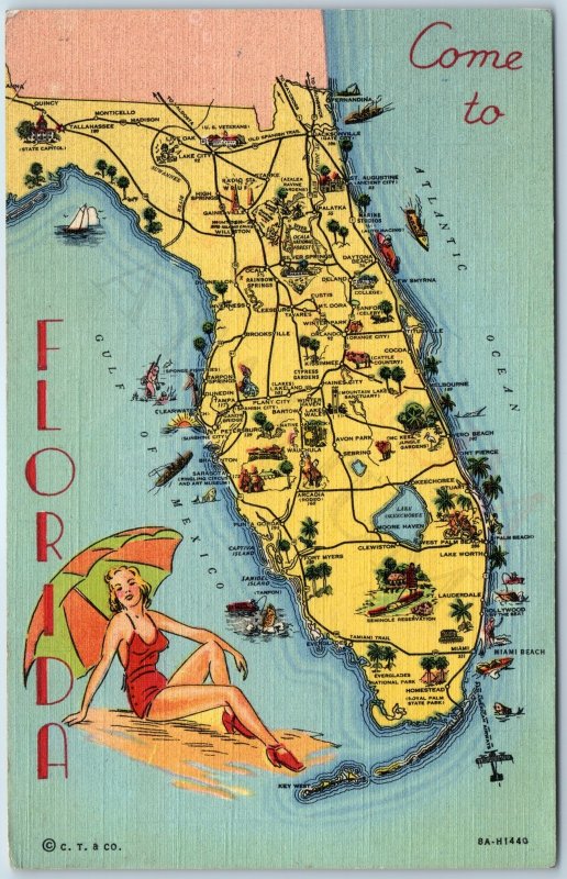 1938 Come to Florida Map Greetings Linen Miami Woman FL Fla. Curteich ...