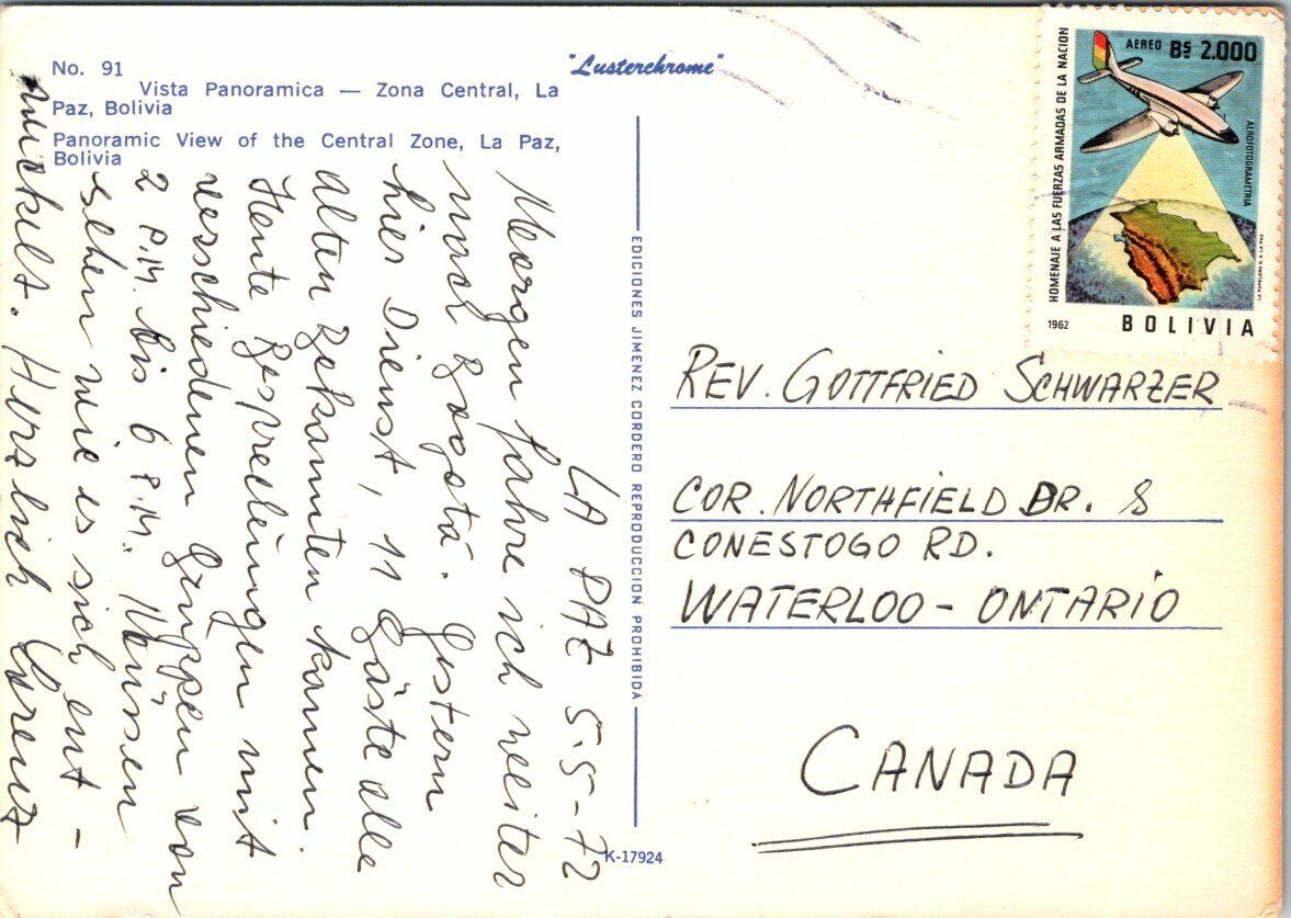 Vintage Continental Size Postcard Aerial View of Central Area of LA PAZ ...