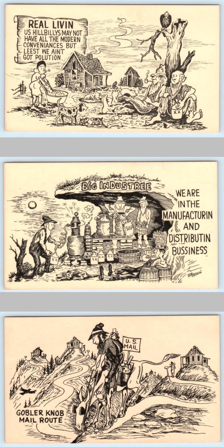 3 Postcards HILLBILLY COMICS Artist Bob Brown MOONSHINE STILL Gobler ...