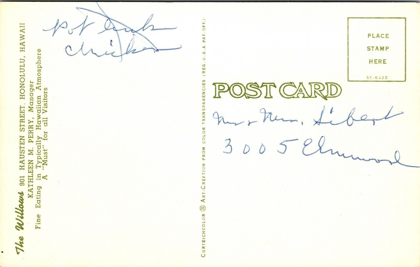 Willows Honolulu Hawaii HI 901 Hausten St Hut House Postcard UNP WOB ...