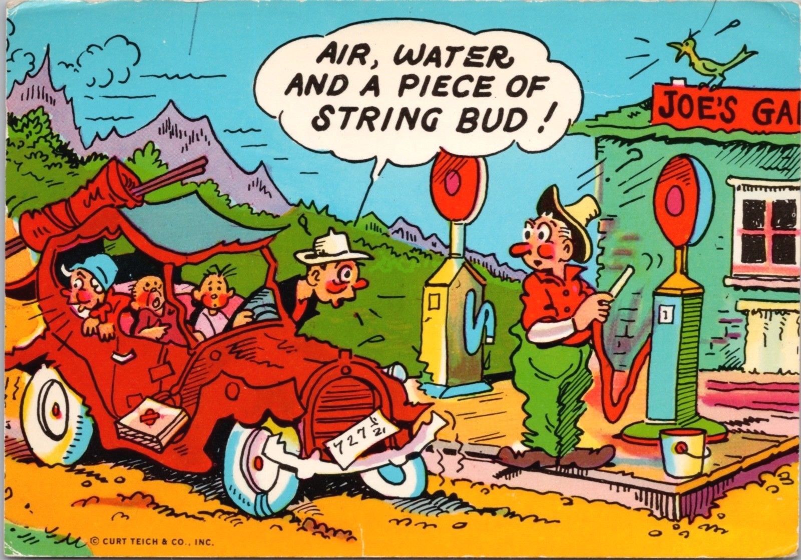 Alaska Highway AK Comic Humor Red Car Gas Station Family Curt Teich ...