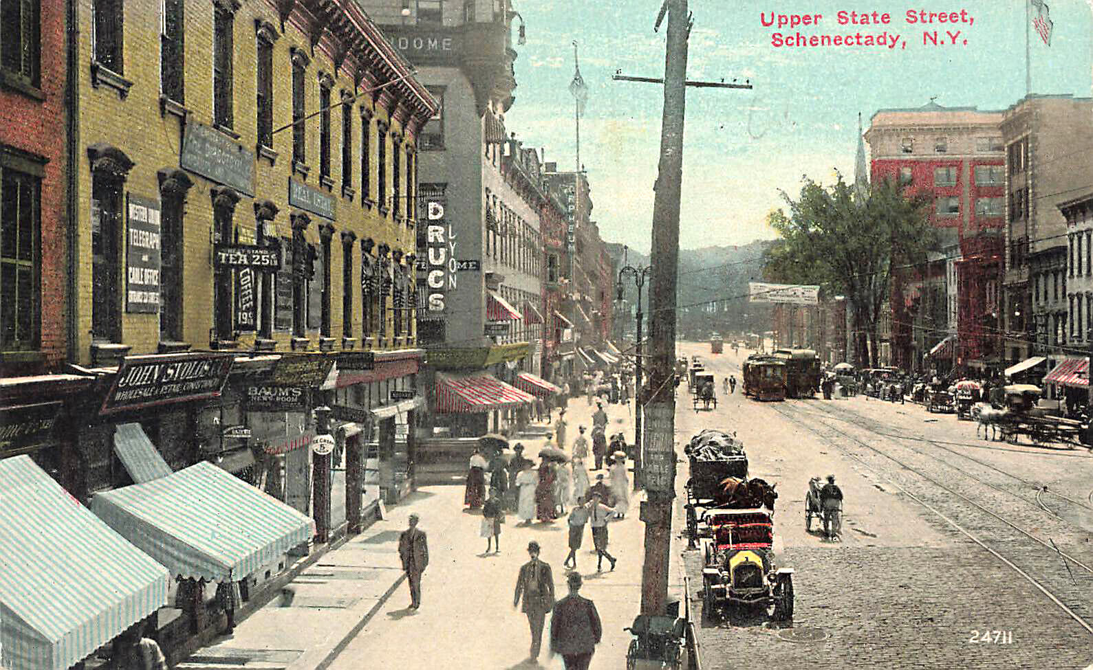 Schenectady NY Upper State Street Storefronts Trolley Cars, Postcard ...
