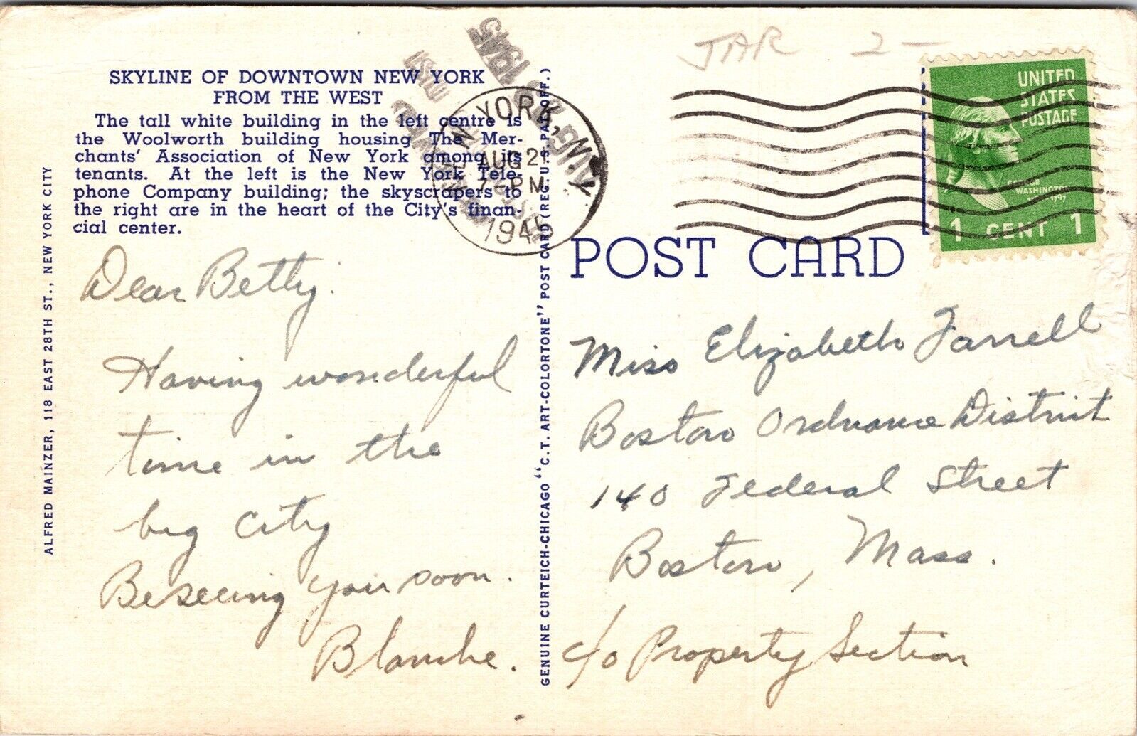 Skyline Downtown New York City Hudson River Linen Postcard PM Clean ...