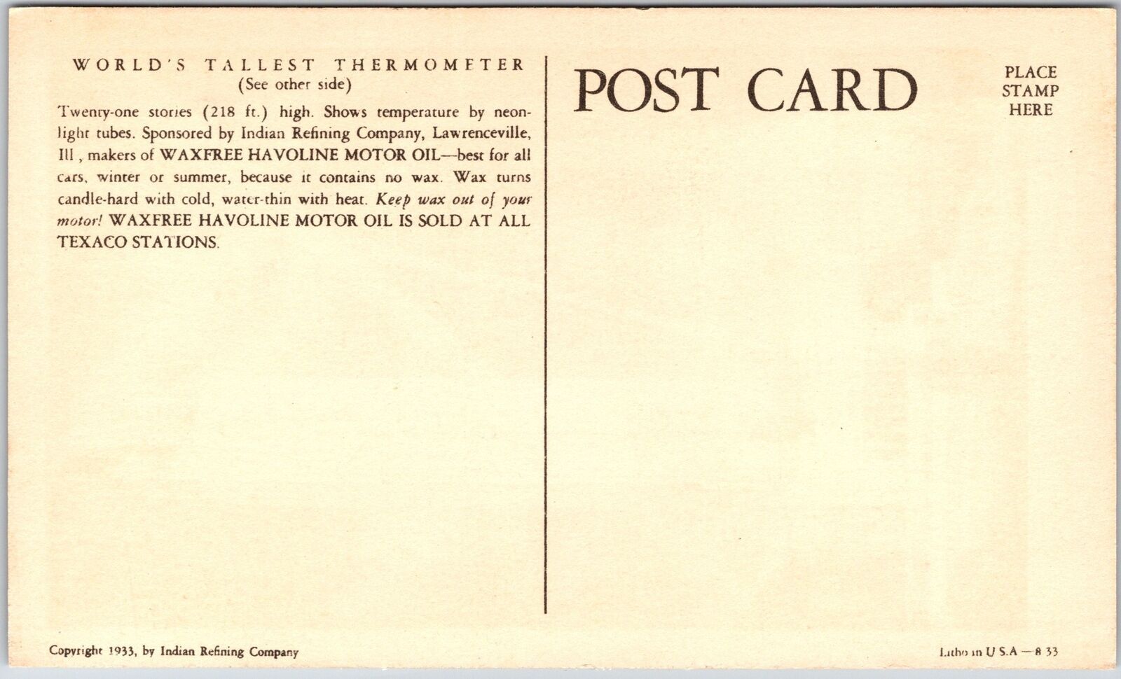 Havoline Thermometer Century Of Progress International Exposition ...