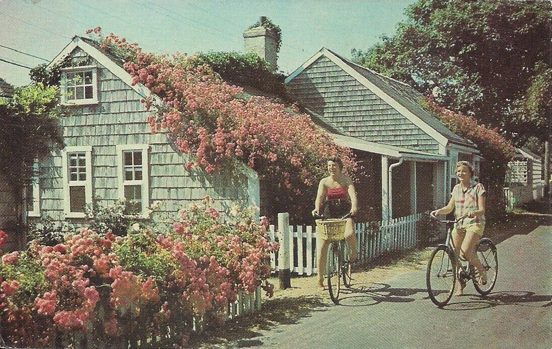 Nantucket MA, Colonial Cottages, Women on Bicycle, 1960's Chrome ...
