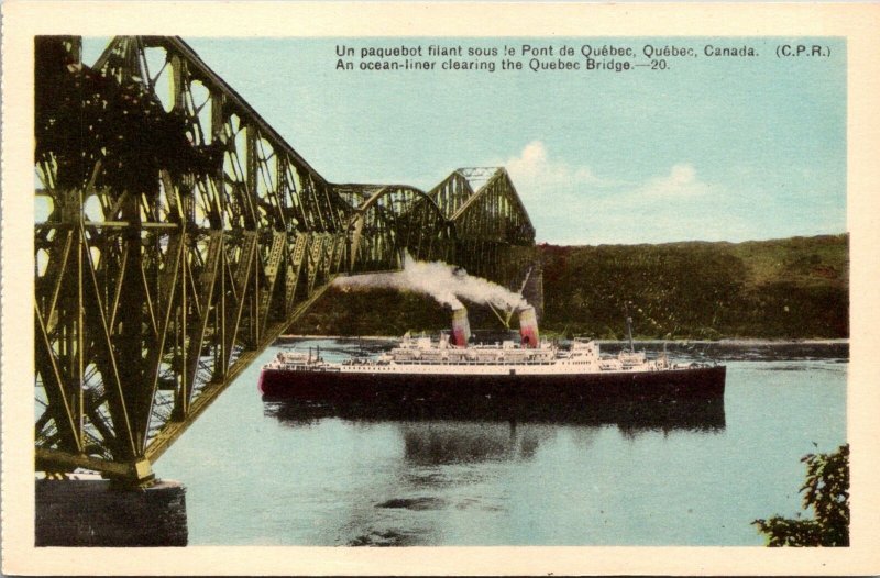 Vintage Postcard a Steam-Powered Ocean-Liner Clearing the Quebec Bridge ...